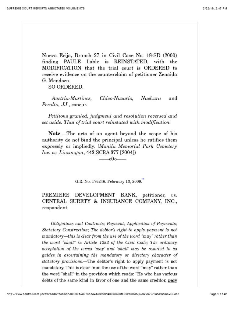 Premiere Dev't. vs. Central Surety | PDF | Promissory Note | Mortgage Loan