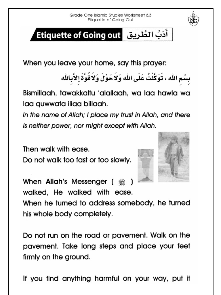 Grade 1 Islamic Studies - Worksheet 6.3 - Etiquettes of Going Out | PDF