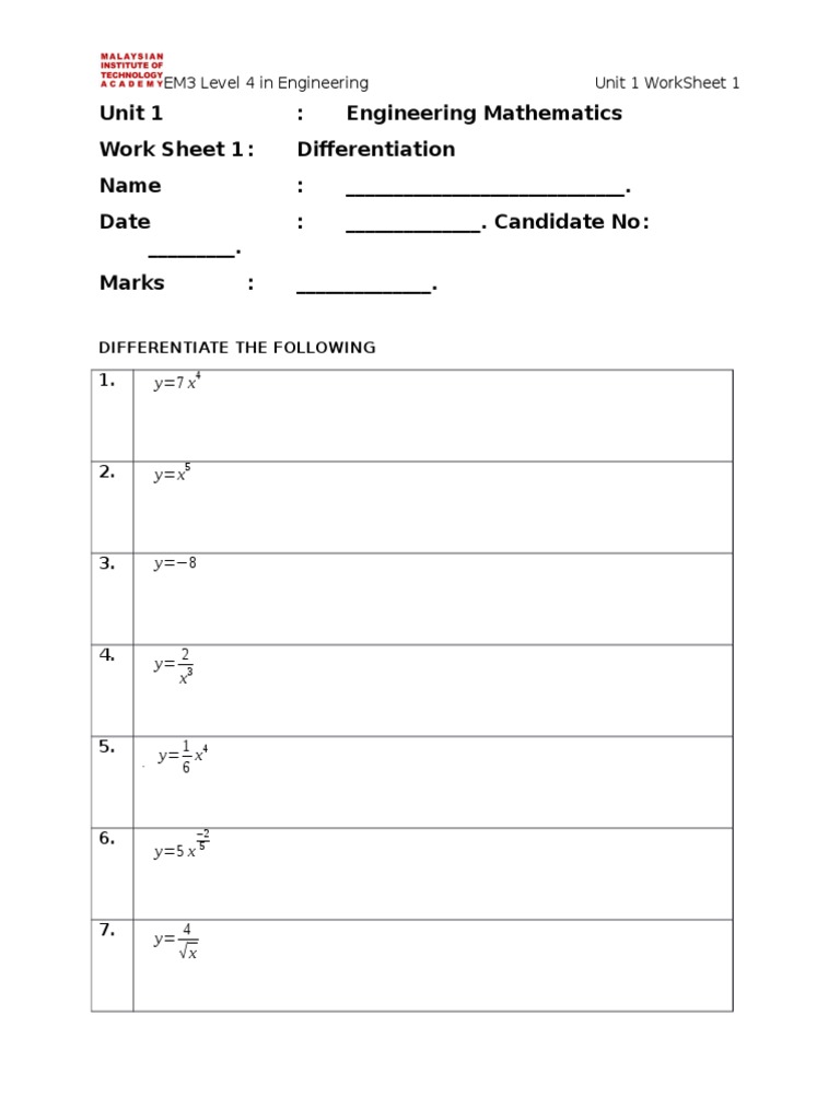 Engineering Mathematics Differentiation Worksheet | PDF