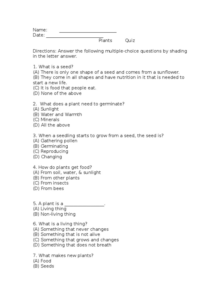 Quiz On Plants | PDF | Plants | Seed