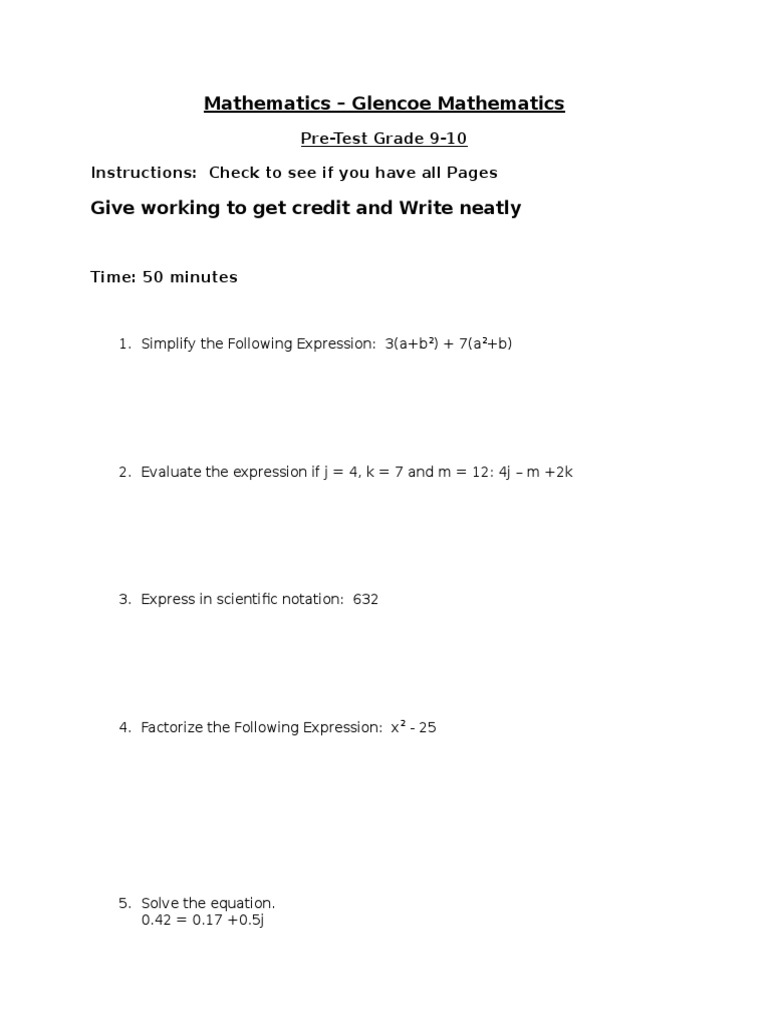Grade 9-10 Mathematics Pre-Test Guide | PDF
