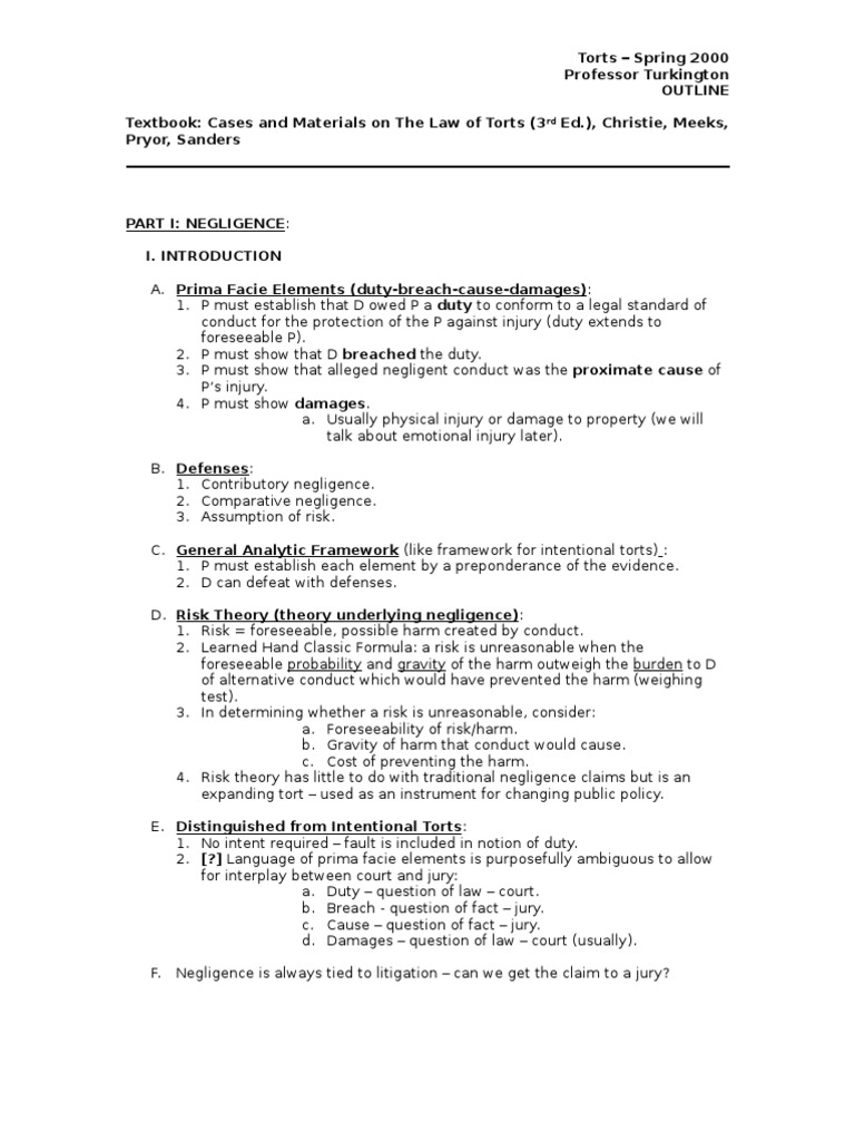 Torts - Spring 2000 Professor Turkington Outline Textbook: Cases and ...