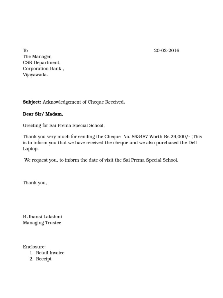Acknowledgement of Cheque Receipt | PDF | Business