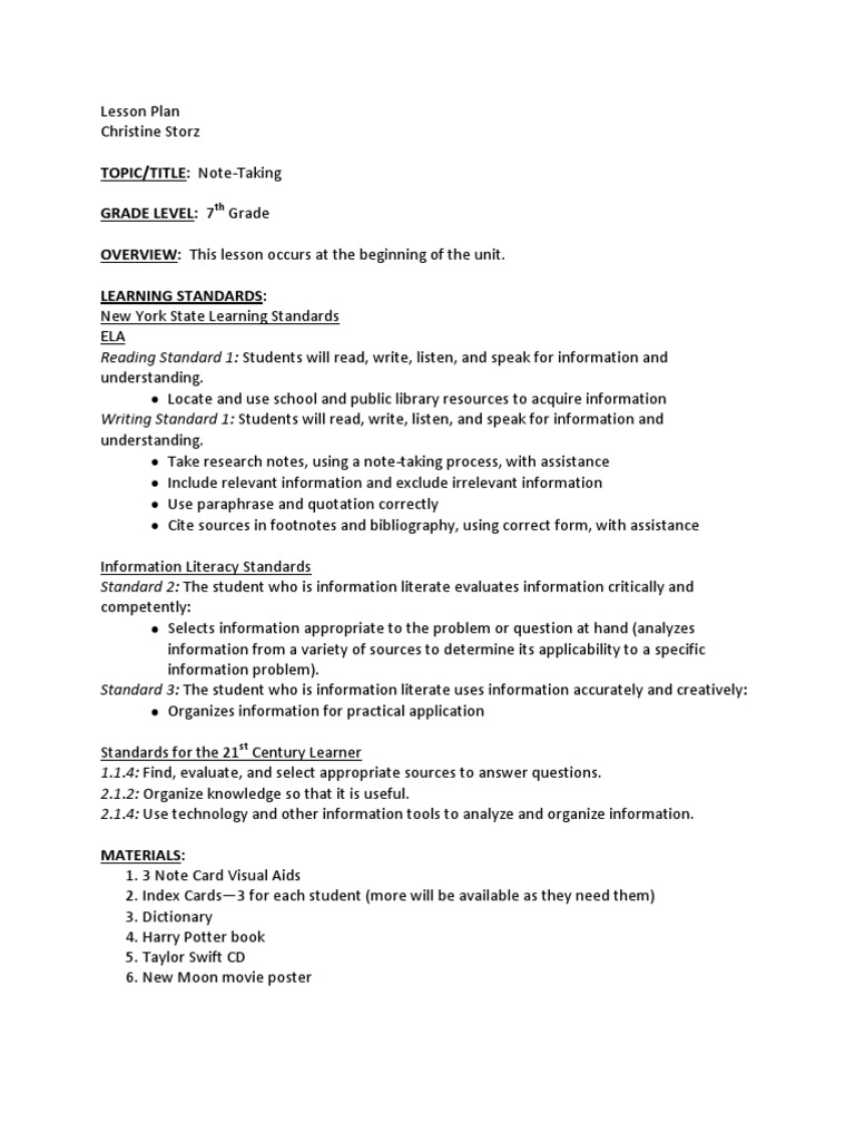 Note Taking Lesson Plan | Download Free PDF | Plagiarism | Lesson Plan