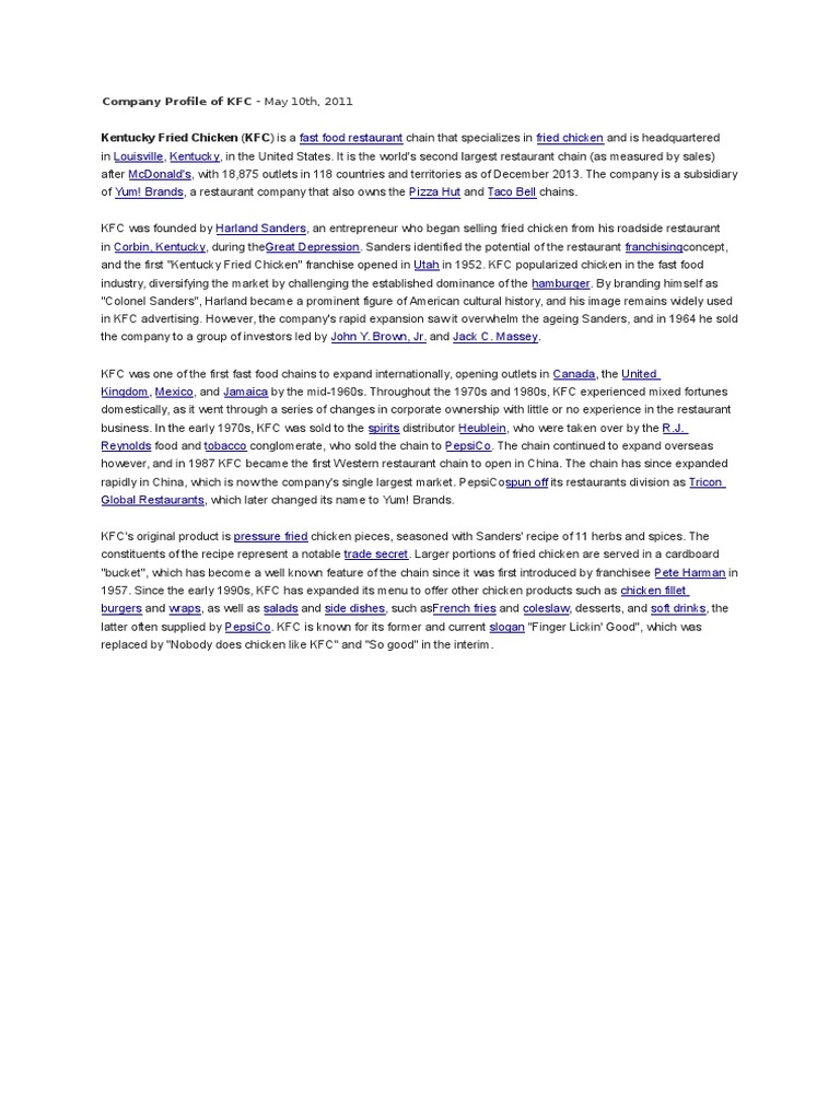 Company Profile of KFC | PDF | Fast Food Restaurants | Cuisine