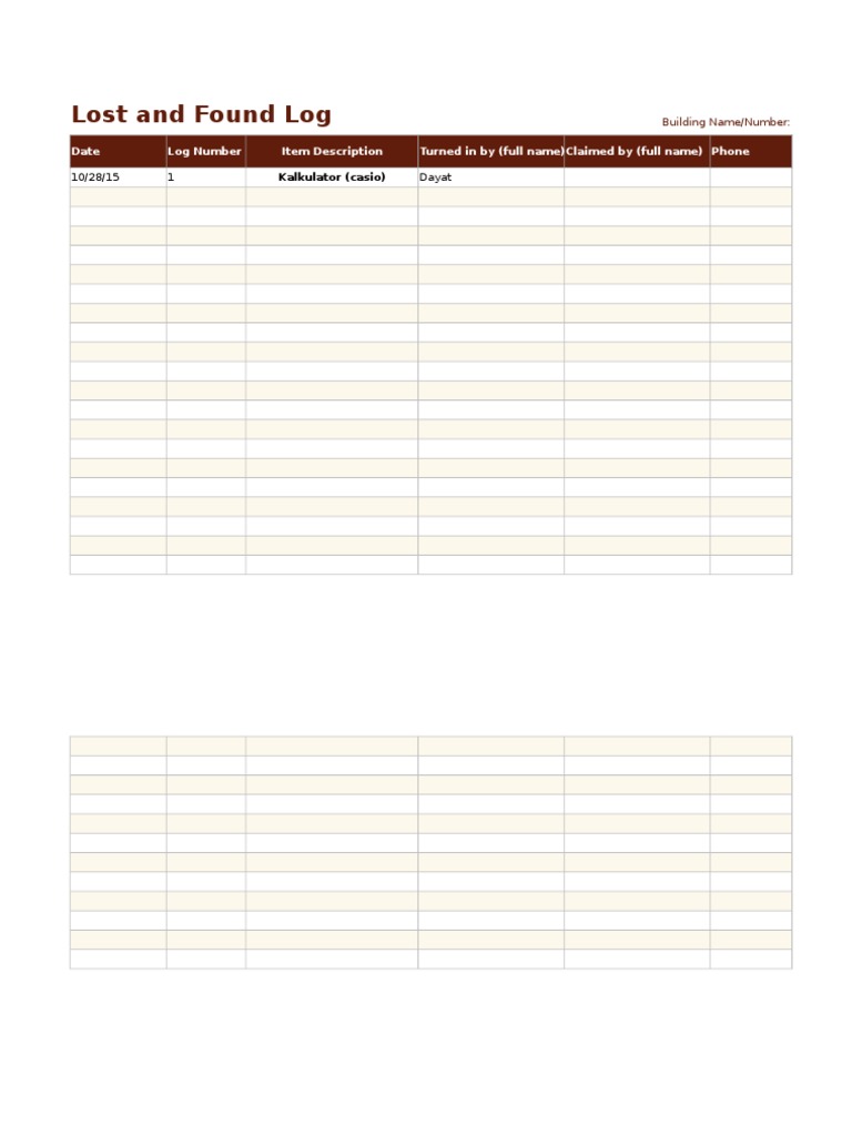 Hotel Lost and Found Log Template | PDF