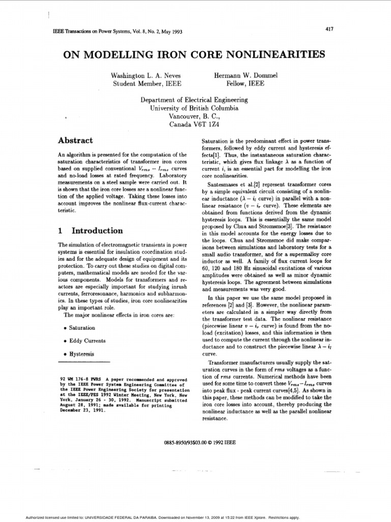 Transactionson Power Systems On Modelling Iron Core Nonlinearities | PDF | Inductance | Transformer