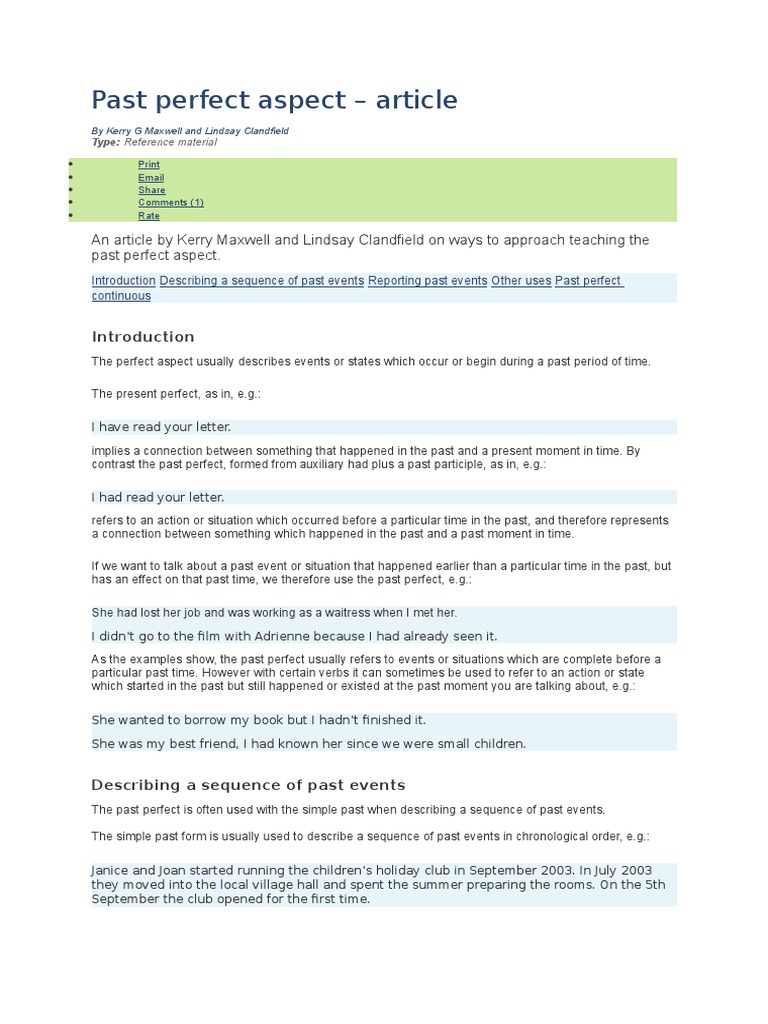 Past Perfect Aspect | PDF | Perfect (Grammar) | Grammar