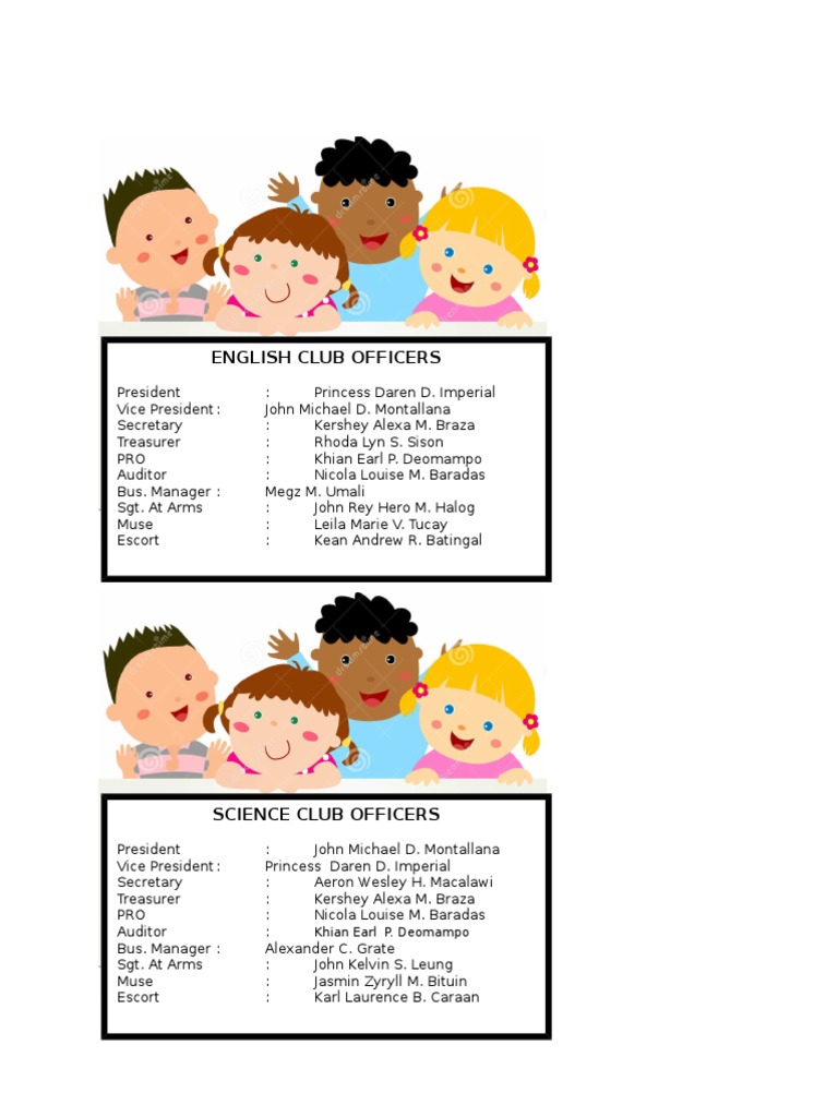 List of Club, Class, and Homeroom Officer Positions Across Multiple ...