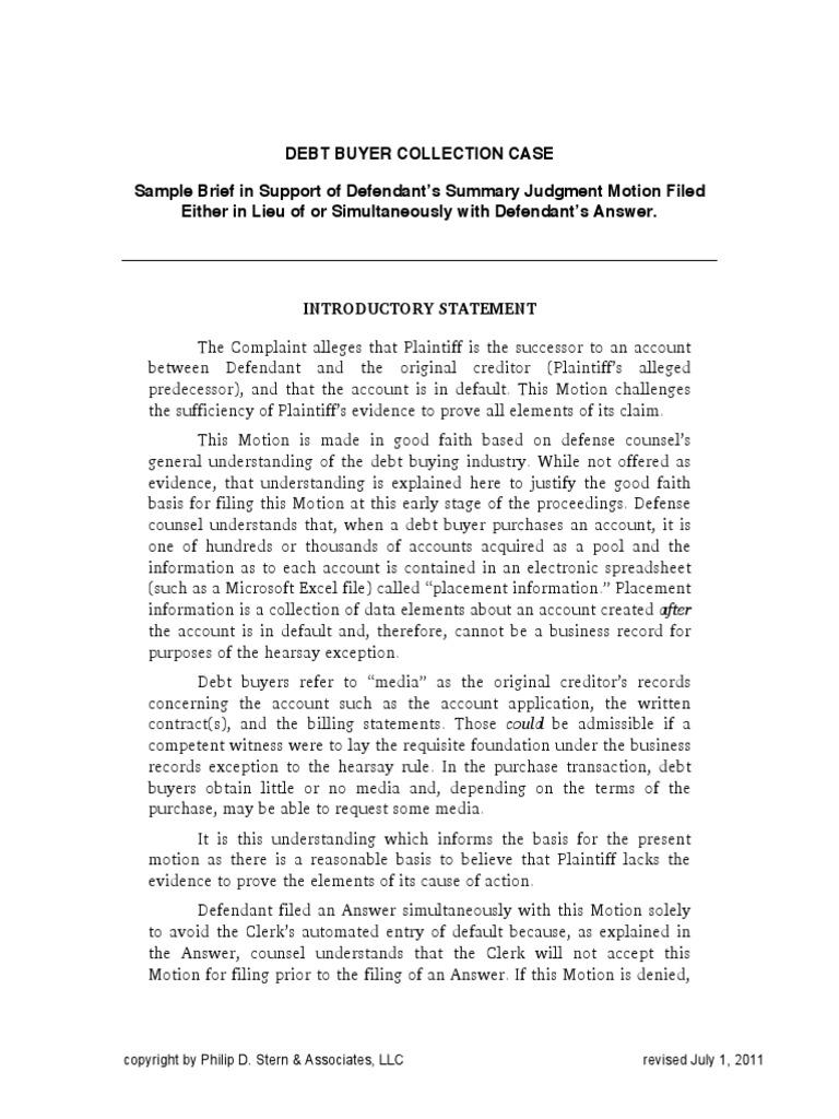 Defendant's Summary Judgment Motion Brief | PDF | Summary Judgment ...