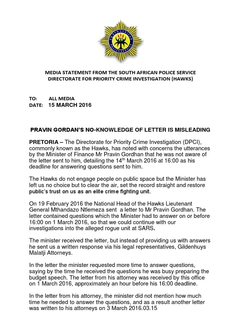 Saps Statement - Pravin Gordan's No-Knowledge of Letter Is Misleading ...