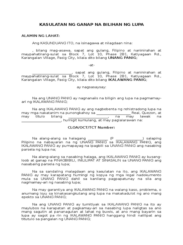 Draft of Deed of Sale Tagalog | PDF