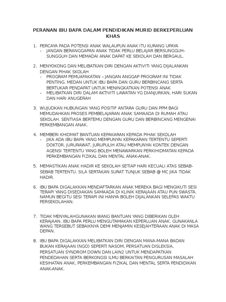 Peranan Ibu Bapa Dalam Pendidikan Murid Berkeperluan Khas | PDF