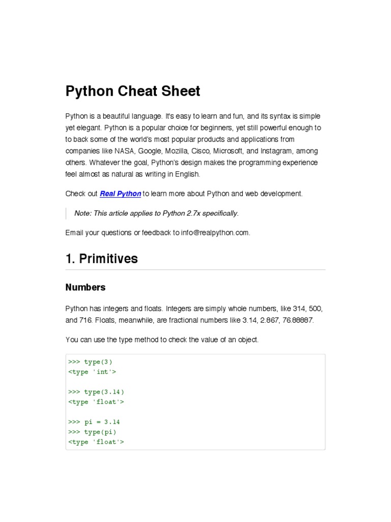 Python Cheat Sheet: 1. Primitives | PDF