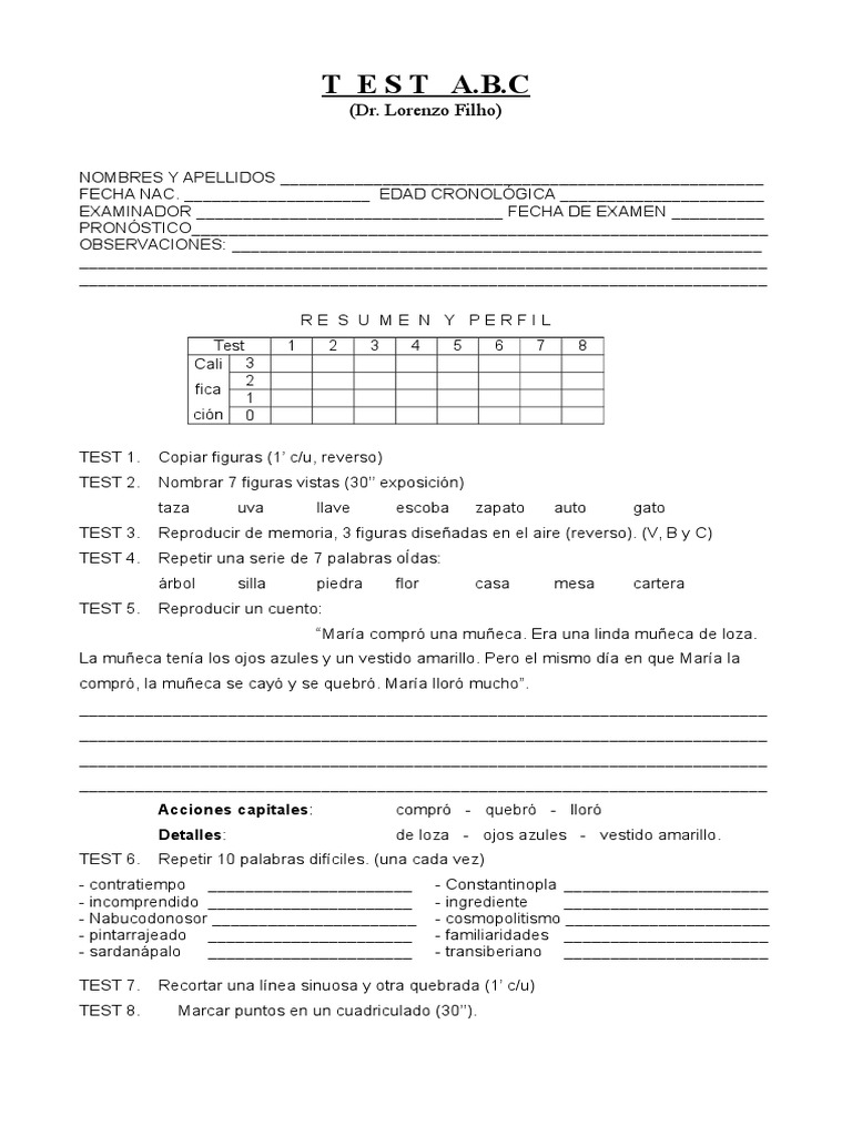 Test A.B.C. para Evaluación Infantil | PDF | Hogar, jardinería y ...