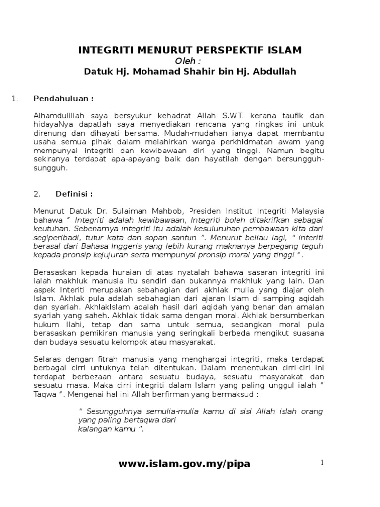 Integriti Menurut Perspektif Islam - Datuk Shahir | PDF