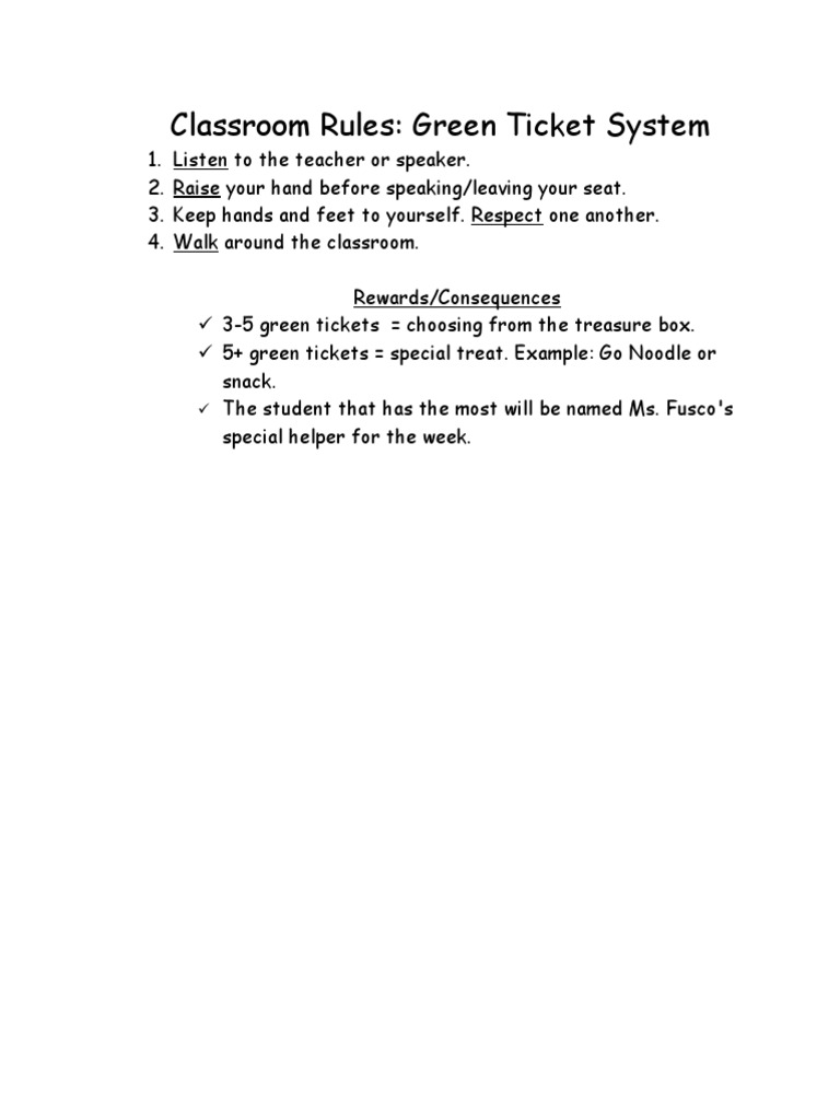 Classroom Green Ticket Rules & Rewards | PDF