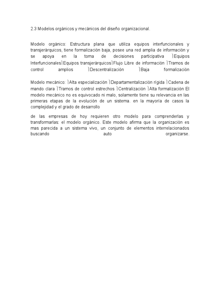 Dos modelos de diseño organizacional: orgánico y mecánico | PDF