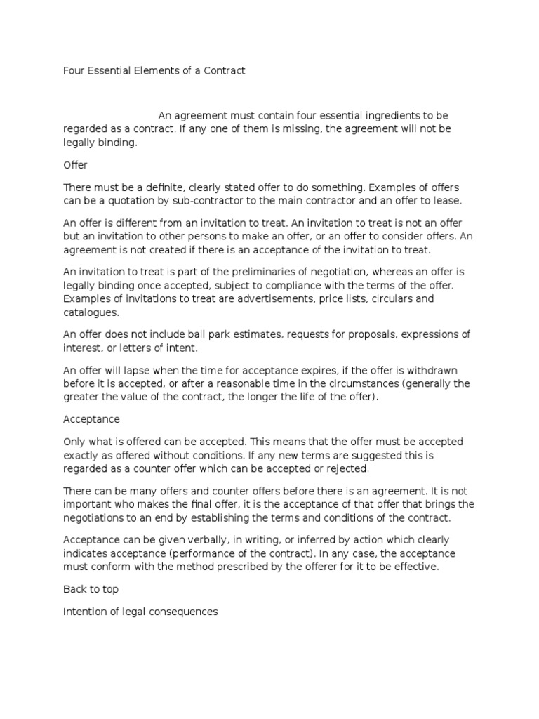 Four Essential Elements of a Contract | PDF | Consideration | Offer And ...