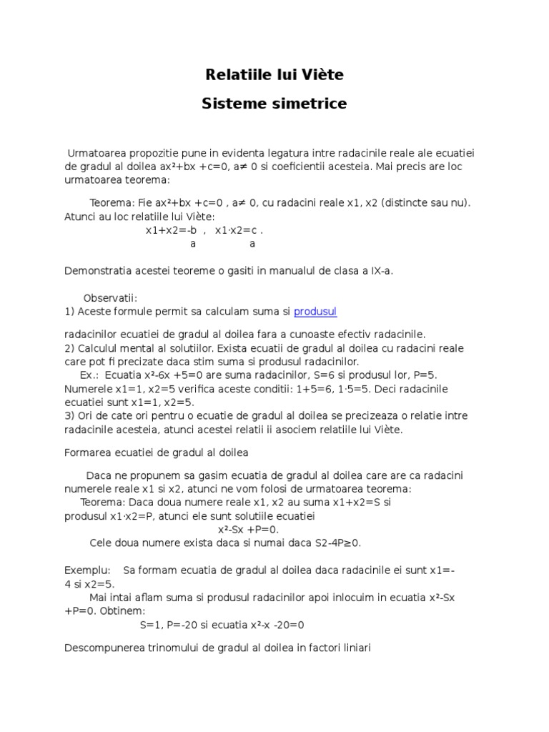 Relatiile Lui Viete