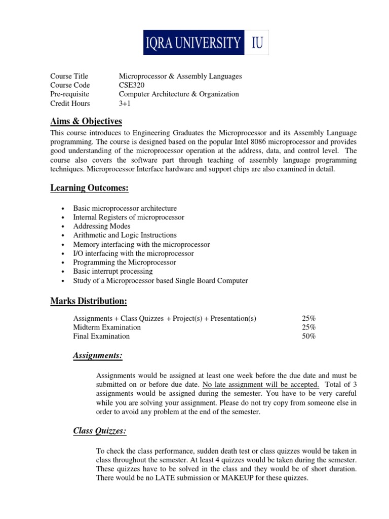 Course Outline Microprocessor & Assembly Language Programming | PDF | Microprocessor | Assembly ...