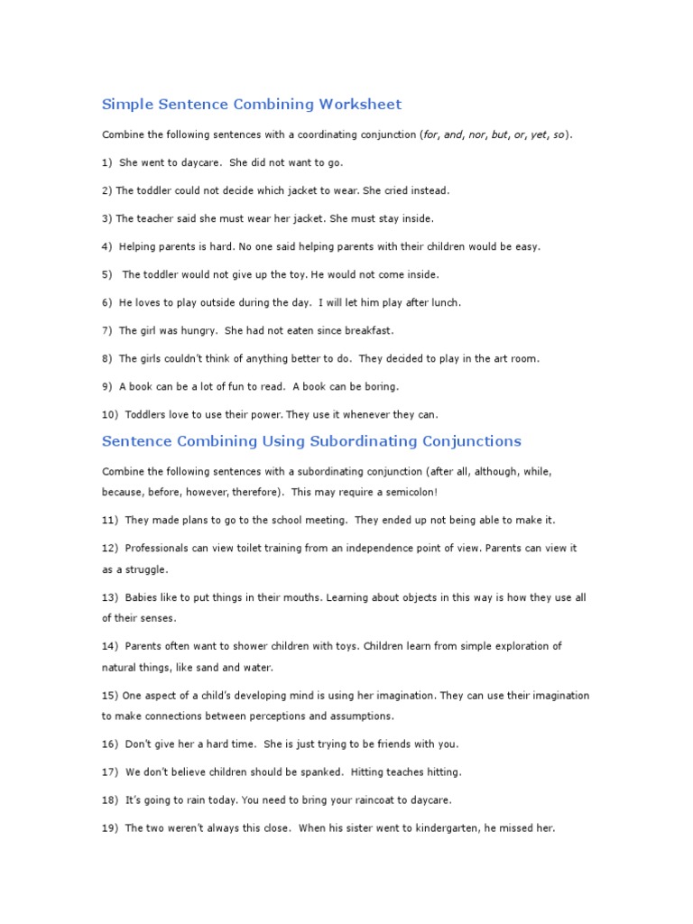 Sentence Combining Worksheet | PDF | Day Care | Toys