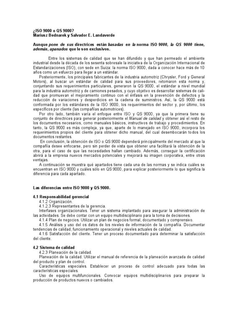 Diferencias entre ISO 9000 y QS 9000 | PDF | Iso 9000 | Calidad (comercial)