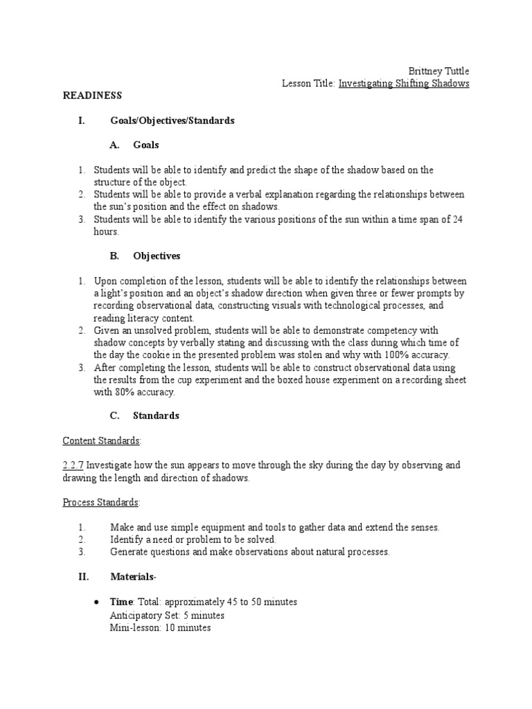 Science Lesson Plan - Shifting Shadows | PDF | Shadow | Educational ...