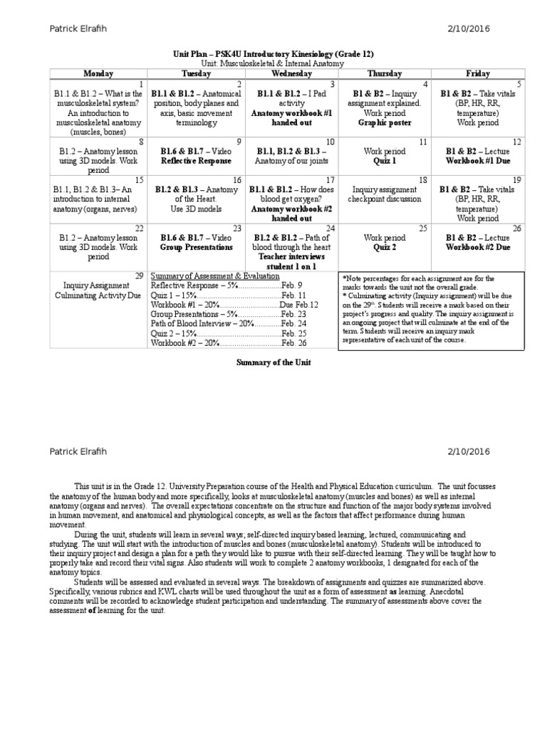 Kinesiology Unit Plan | PDF | Human Musculoskeletal System | Anatomy