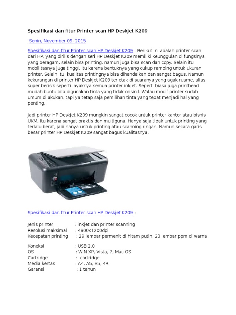 Spesifikasi Dan Fitur Printer Scan HP Deskjet K209 | PDF