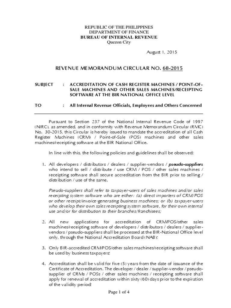 RMC No 68-2015 | PDF | Point Of Sale | Cloud Computing