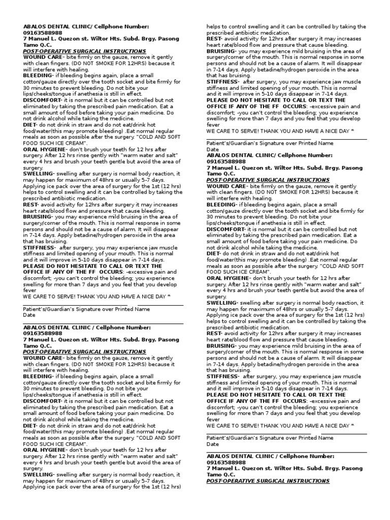 Post Operative Instruction | PDF | Surgery | Oral Hygiene