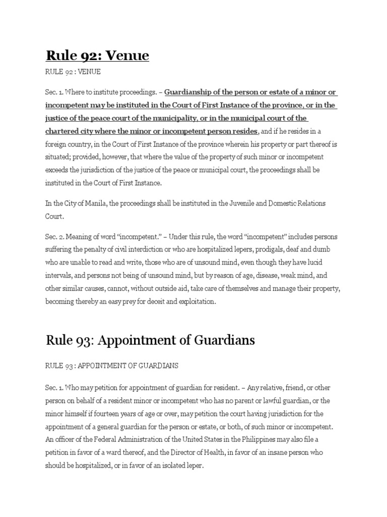Rule 92: Venue: Rule 93: Appointment of Guardians | PDF | Legal ...