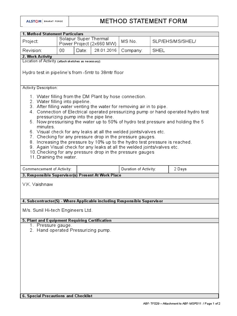 Method Statement Form: Location of Activity | PDF | Safety | Pipe ...