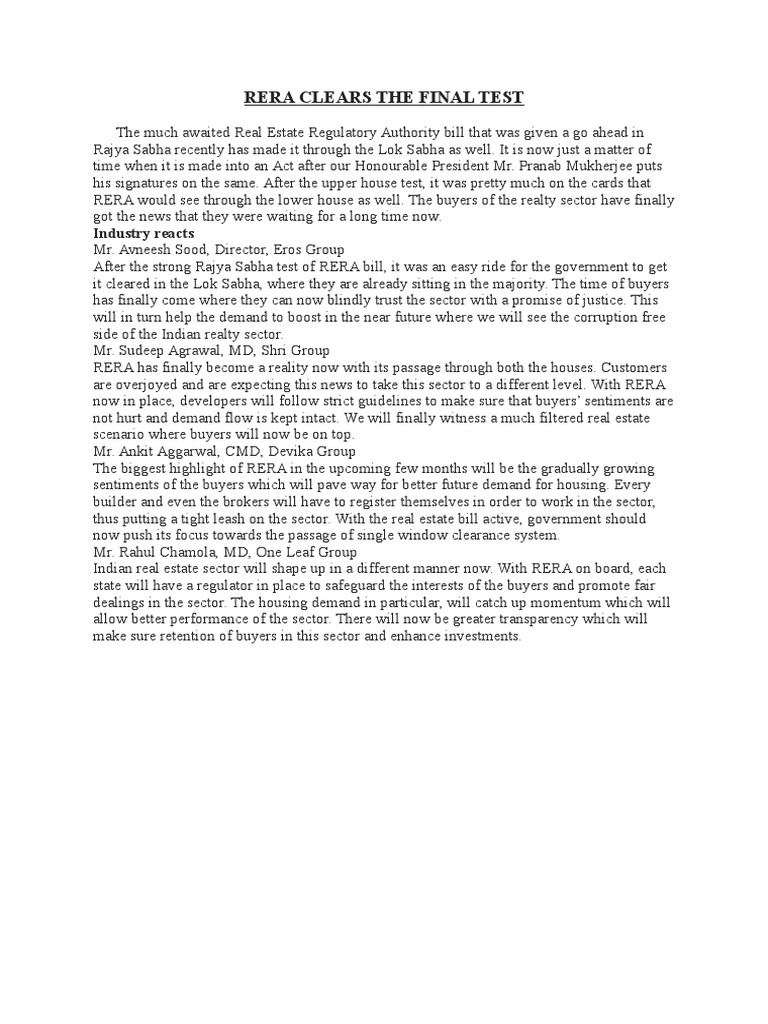 Rera Clears The Final Test | PDF