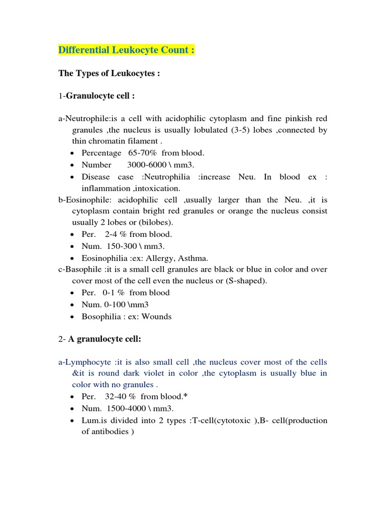 Differential Leukocyte Count:: The Types of Leukocytes | PDF | White ...