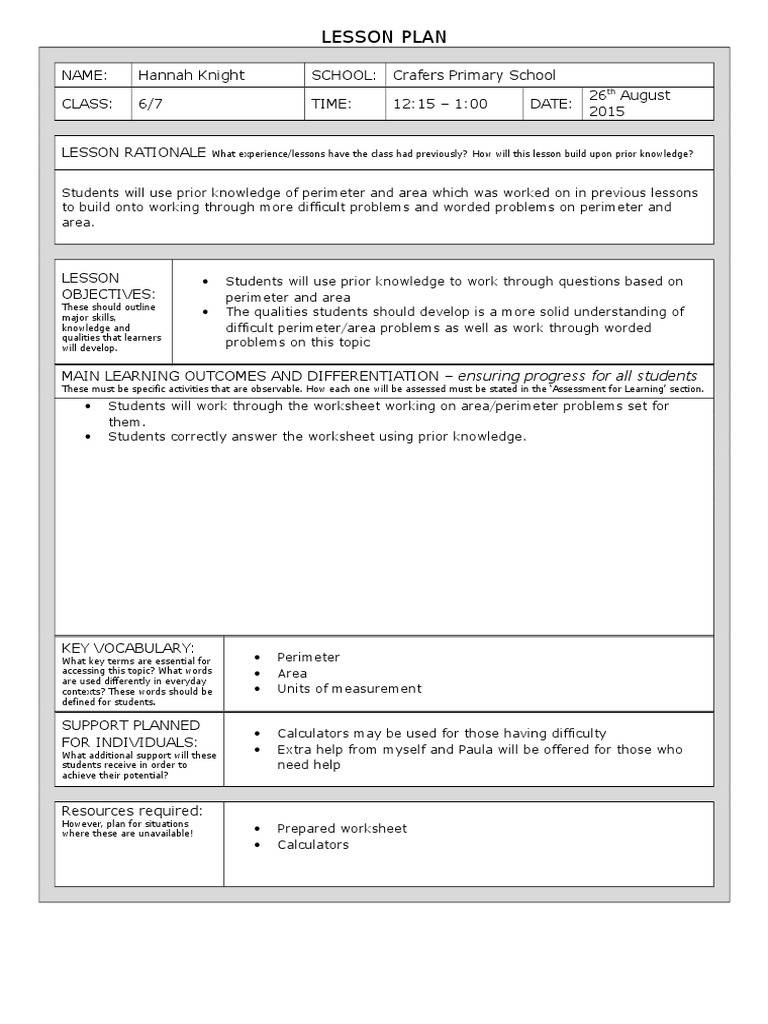 Perimeter and Area Lesson Plan | PDF