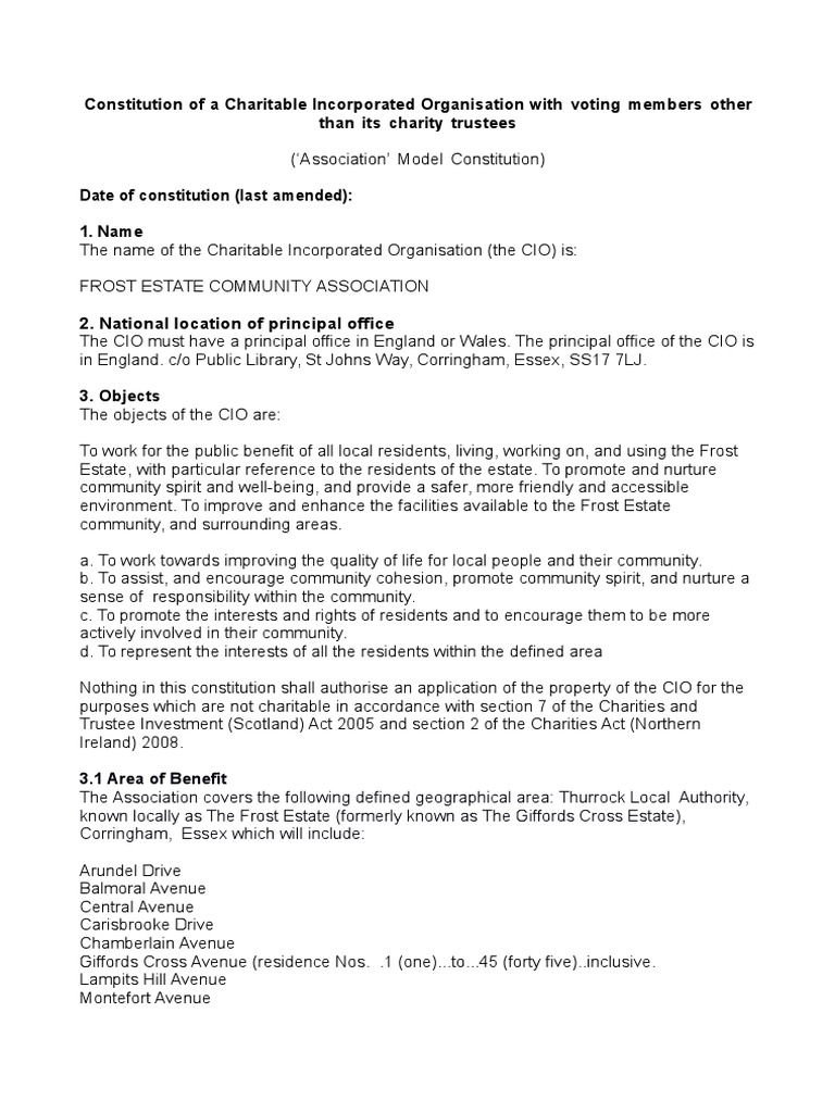Constitution of a Charitable Incorporated Organisation with voting ...