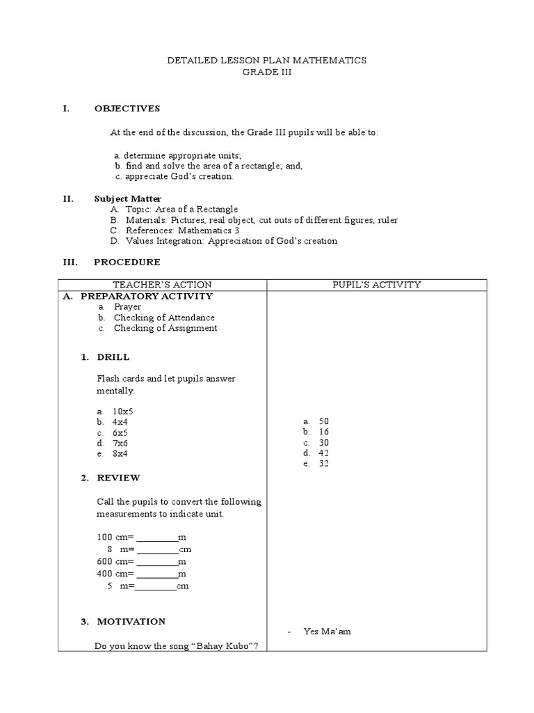 Area of Rectangles: Grade 3 Lesson Plan | PDF | Lesson Plan | Cognition