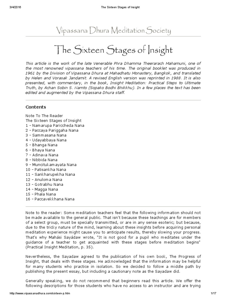 The Sixteen Stages of Insight | PDF | Vipassanā | Four Noble Truths