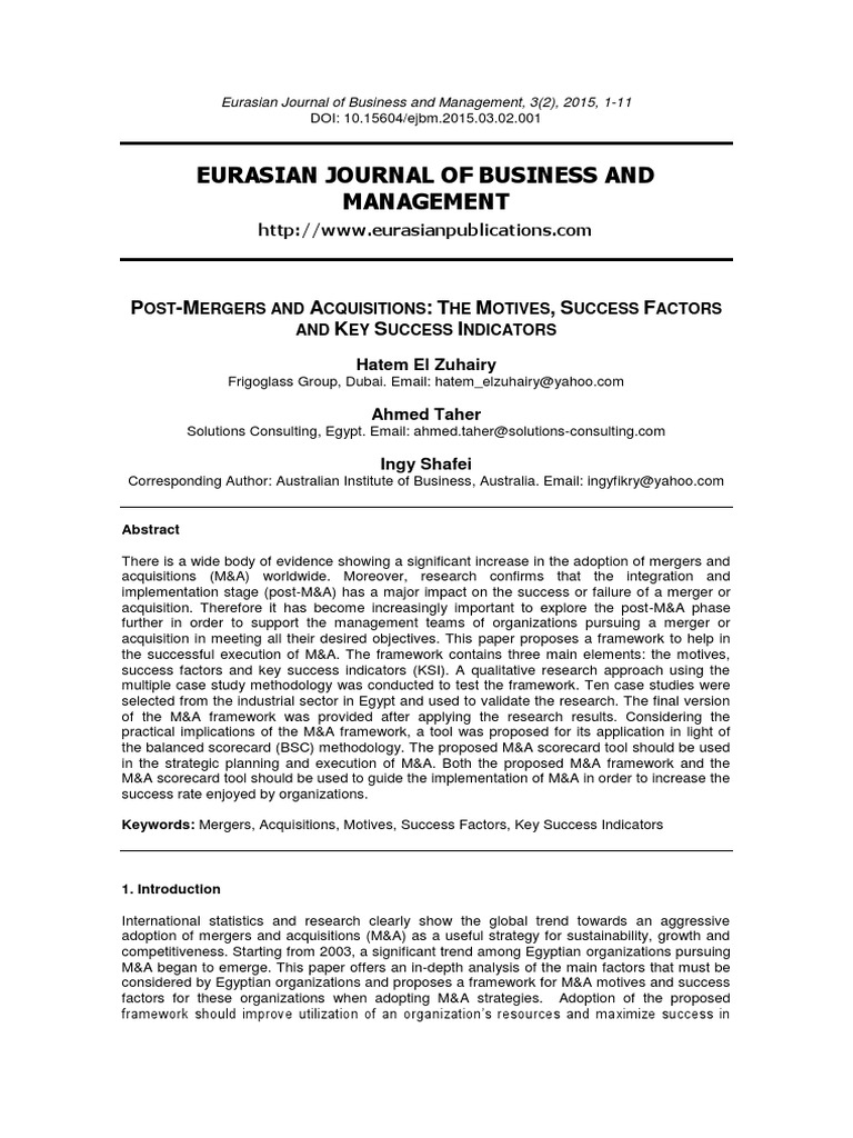 Post-Mergers and Acquisitions - The Motives, Success Factors and Key ...