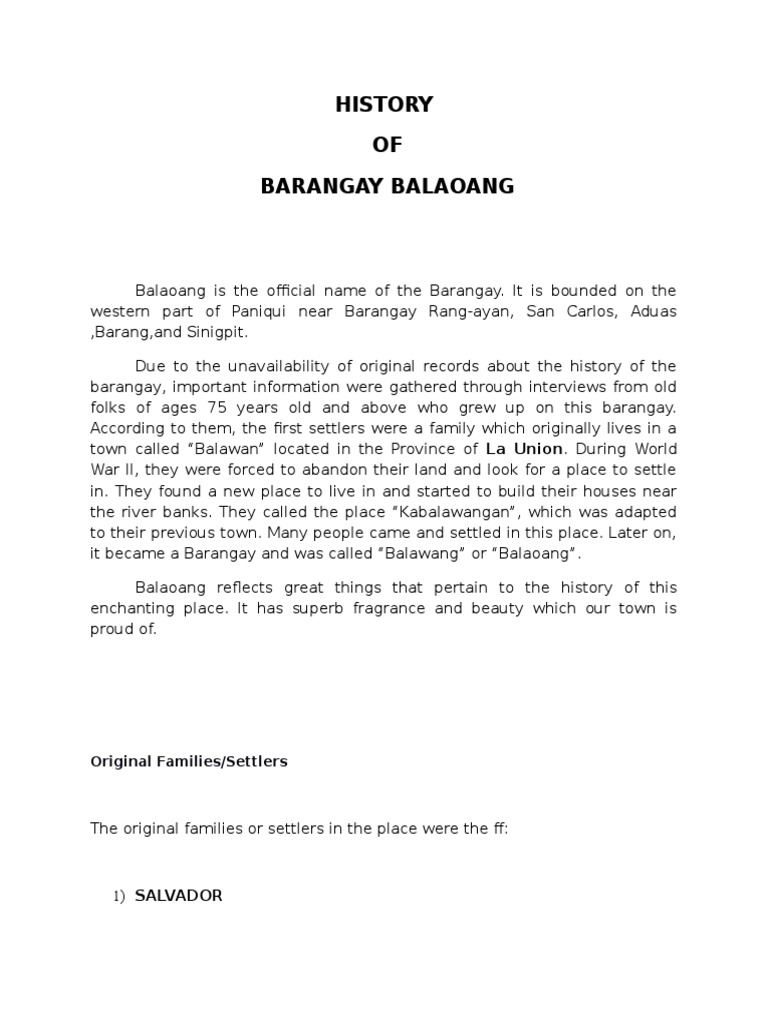 History of Barangay Balaoang | PDF | Natural Resource Management | Land ...