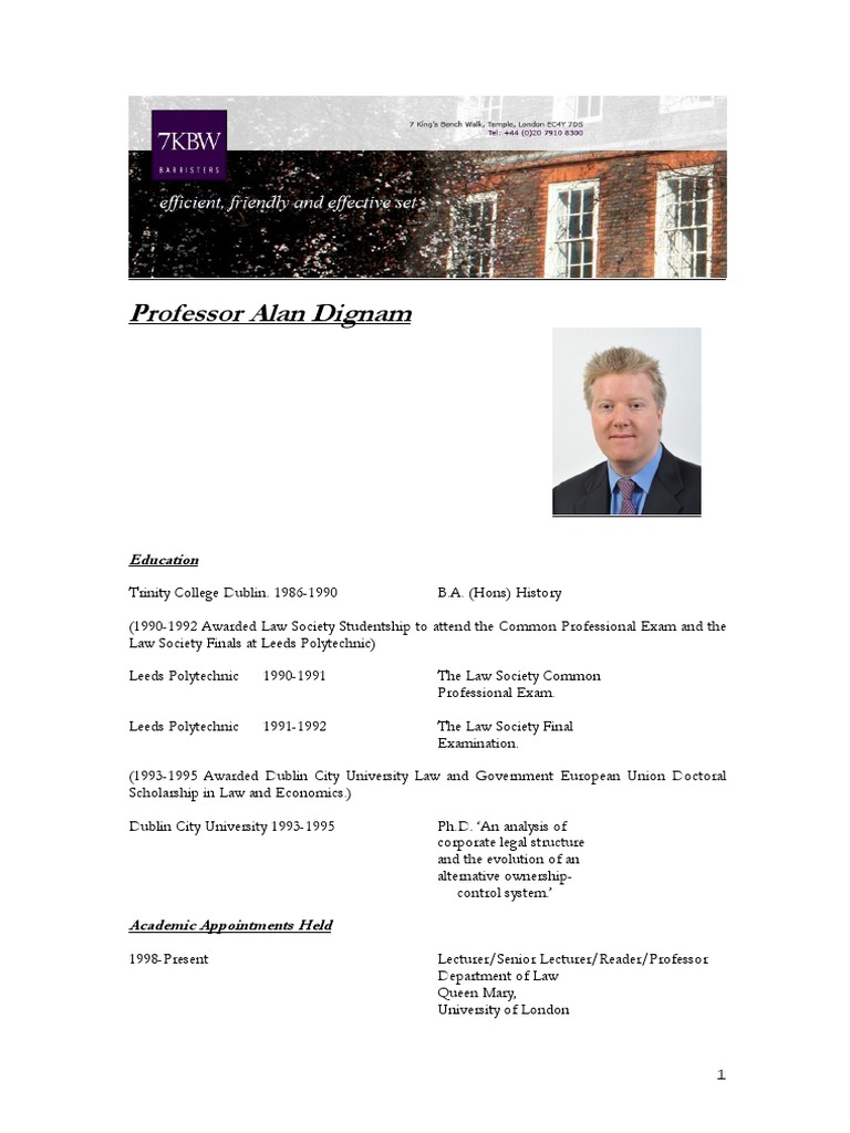 Professor Alan Dignam: Education | PDF | Fellow | University