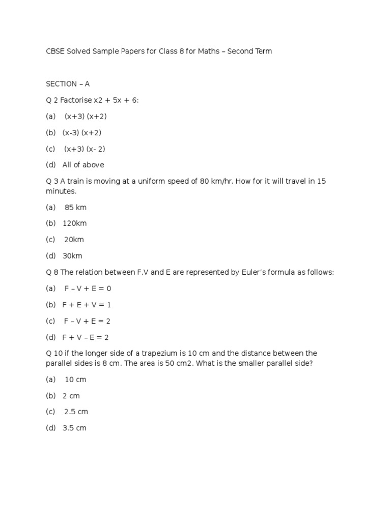 Class 8 Maths Sample Paper Solutions | PDF | Space | Geometry