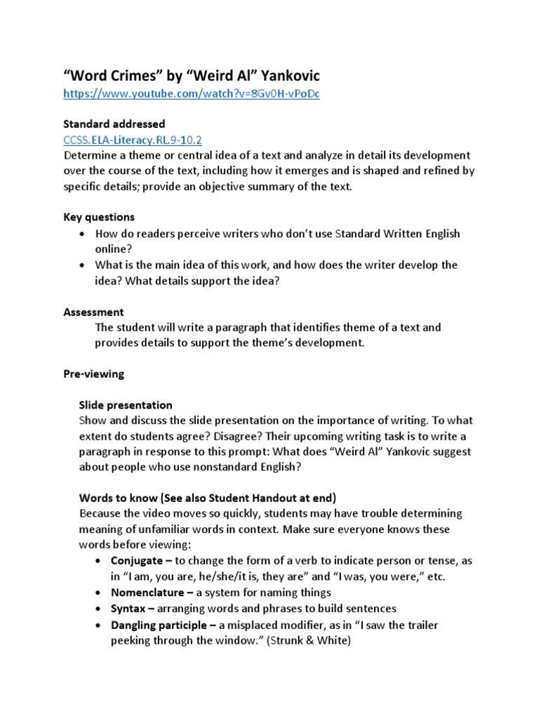 Word Crimes Lesson Plan | Style (Fiction) | Rules