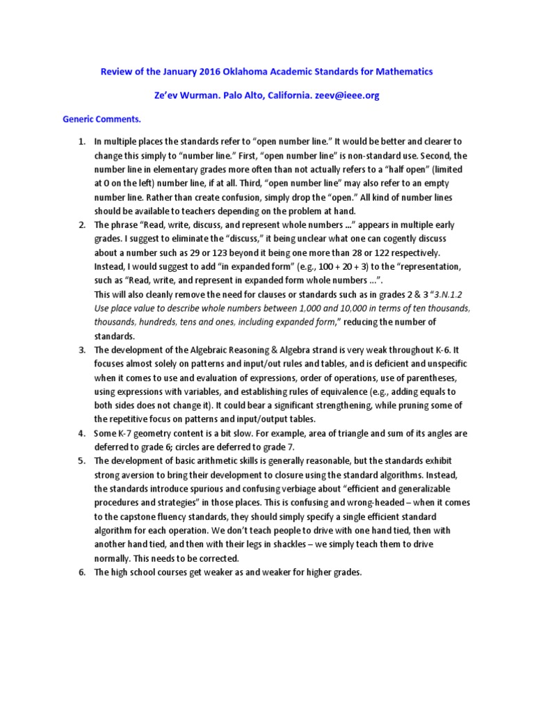 Review of The January 2016 Oklahoma Academic Standards For Mathematics ...