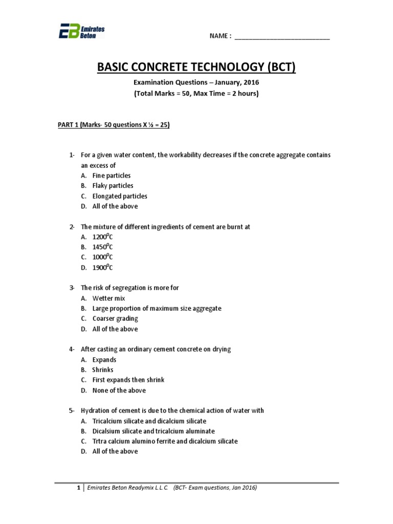 Basic Concrete Technology (BCT) : Examination Questions - January, 2016 (Total Marks 50, Max ...