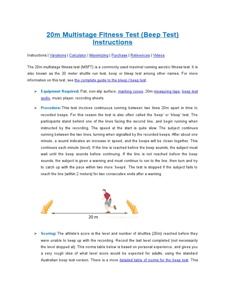 20m Beep Test Guide & Instructions | PDF | Cognitive Science ...