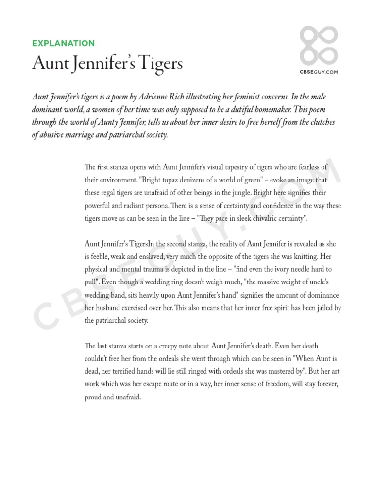 Poem Summary - Aunt Jennifer's Tigers | PDF