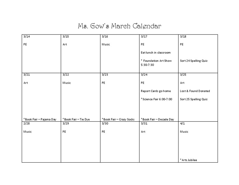 March Class Calendar | PDF